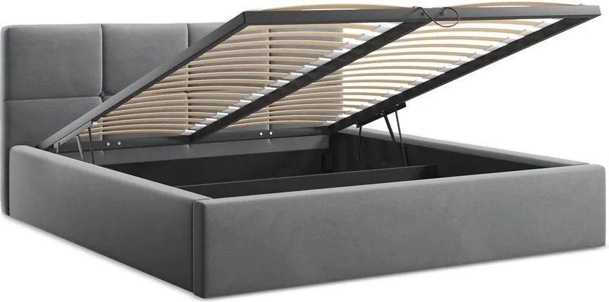 Tmavě šedá sametová čalouněná dvoulůžková postel s úložným prostorem s roštem 140x200 cm Hiko – Makamii