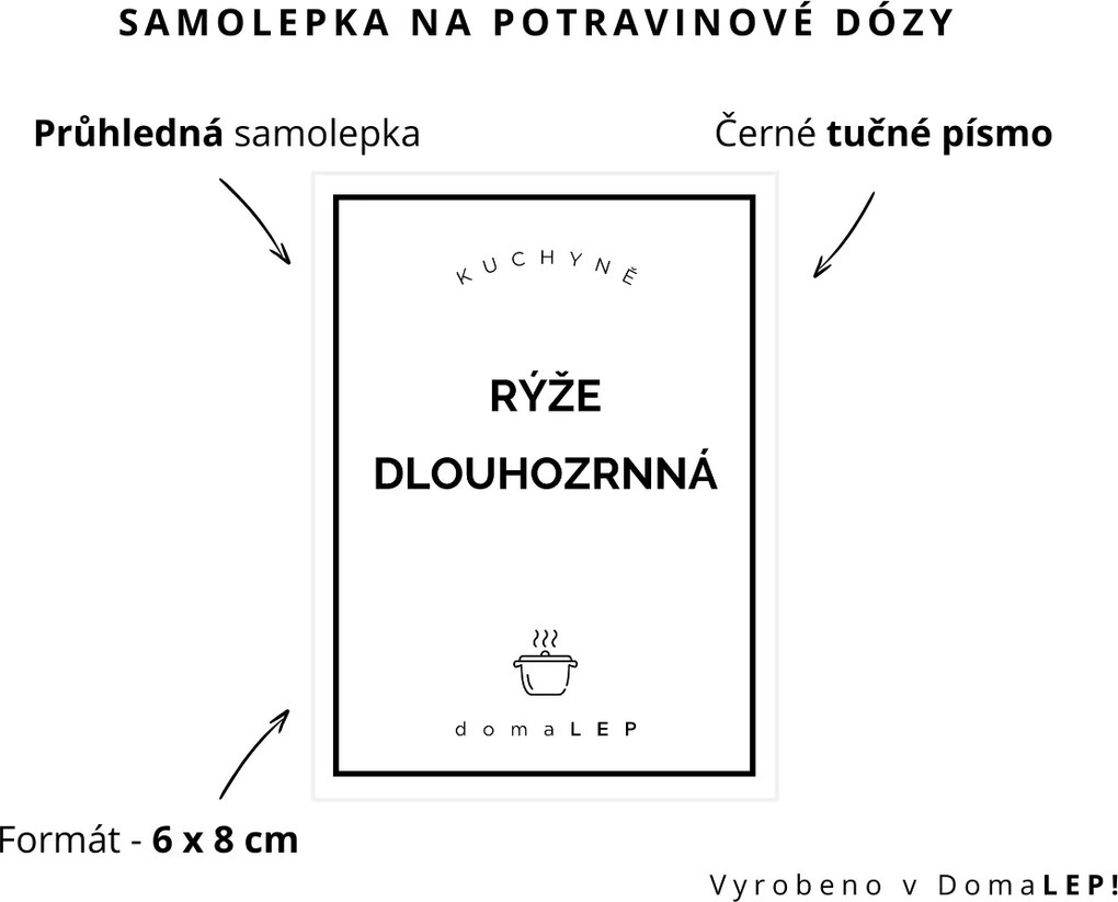 RÝŽE DLOUHOZRNNÁ - omyvatelná samolepka na dózu, výběr rozměrů Ø 5 cm / 5 x 5 cm / 6 x 8 cm | DomaLEP tvar: ČTVEREC, barva: PRŮHLEDNÁ - ČERNÉ písmo, velikost: š. 5 cm x v. 5 cm - základní písmo