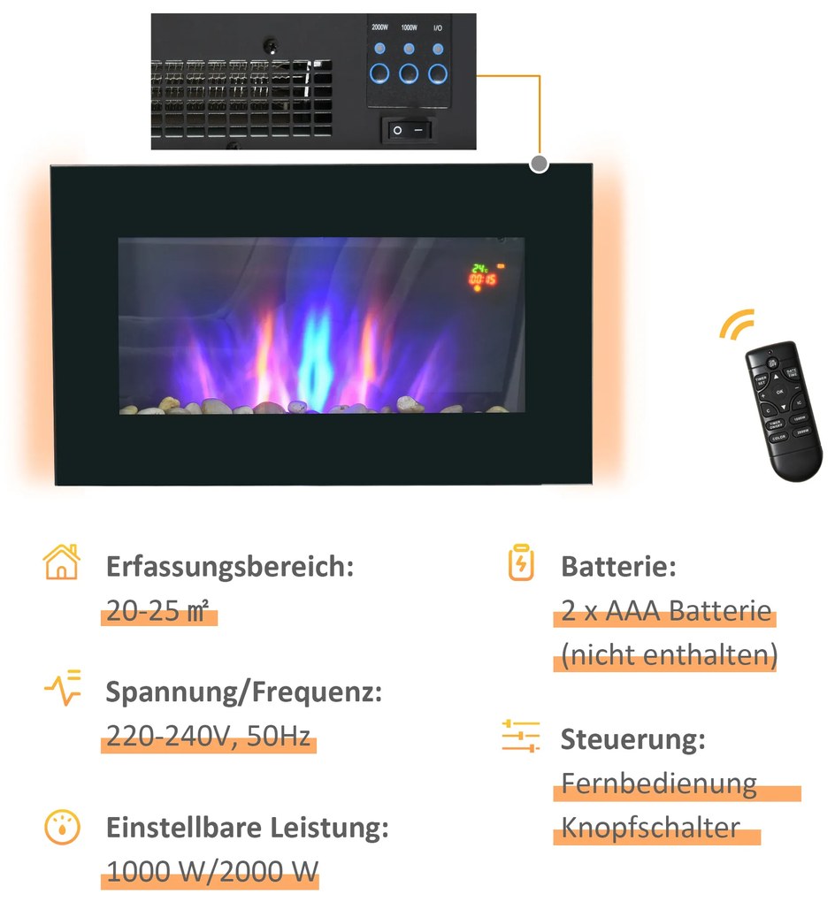 HOMCOM Elektrický krb s LED efektem plamene,1000/2000W, nástěnný krb v 7 barvách, elektrický krb s dálkovým ovládáním, nástěnný, černý | Aosom