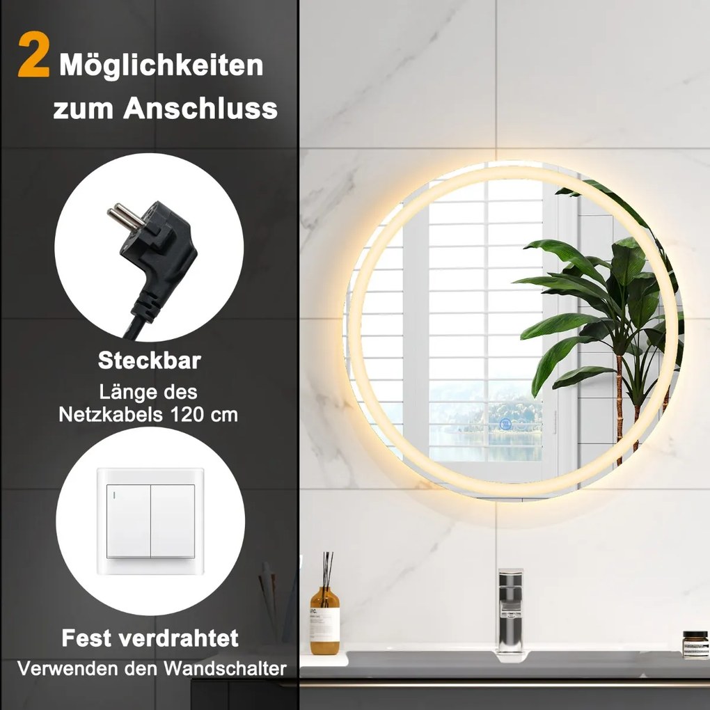 Costway Koupelnové zrcadlo LED s osvětlením 60 cm kulaté koupelnové zrcadlo