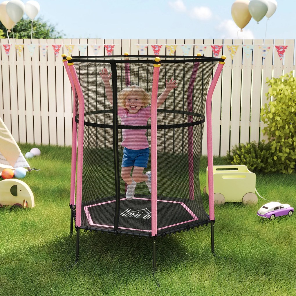 HOMCOM dětská trampolína Ø163,5 cm, trampolína s ochrannou sítí, kryt hran, zahradní trampolína pro děti 3-10 let, max. zatížení 50 kg, růžová barva