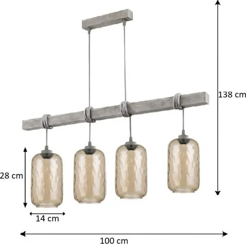 BRILAGI - Lustr na lanku WOOD GLASS 4xE27/60W/230V borovice/šedá/kouř hnědá