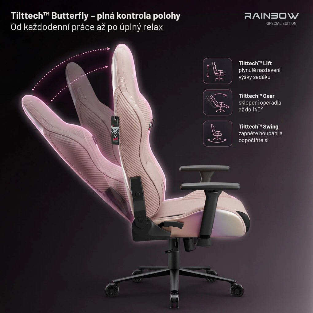 Herní křeslo z látky růžové Normal Size: Diablo X-Horn 2.0 Rainbow Pink