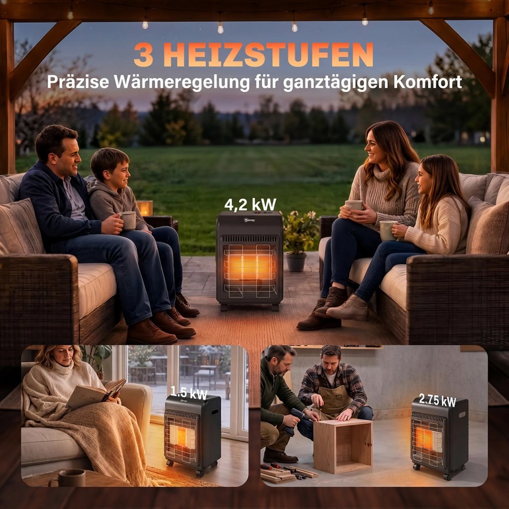 Outsunny Plynový topič venkovní 1,5-4,2 kW terasový topič s kolečky, 3 stupně výkonu, 50 cm hadice, regulátor tlaku