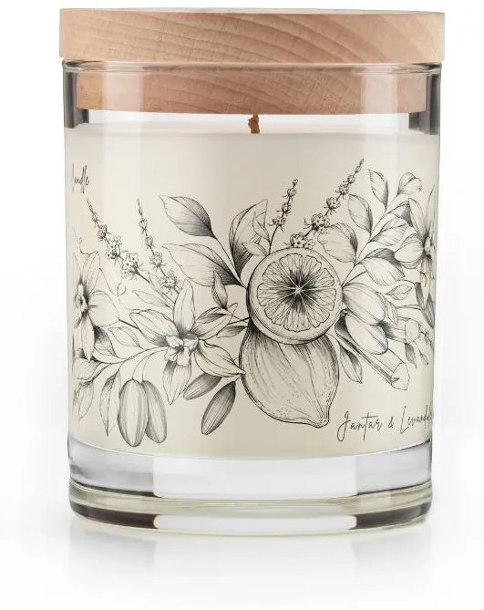 Sójová svíčka Tajemná - Jantar, Tonka, Šalvěj, Vanilka, Levandule | VonTree Candle | 175 g Typ víčka: Dřevěné víčko