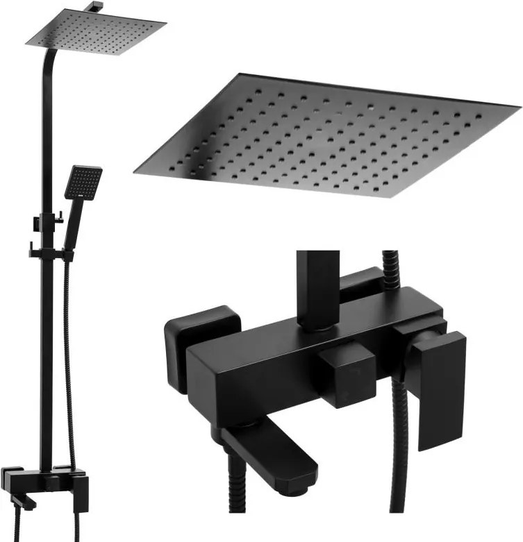 Erga Cube, sprchová souprava s pákovou baterií, vanovou výlevkou a dešťovou hlavicí 25x25cm, černá matná, ERG-YKA-BP.CUBE-25-BLK