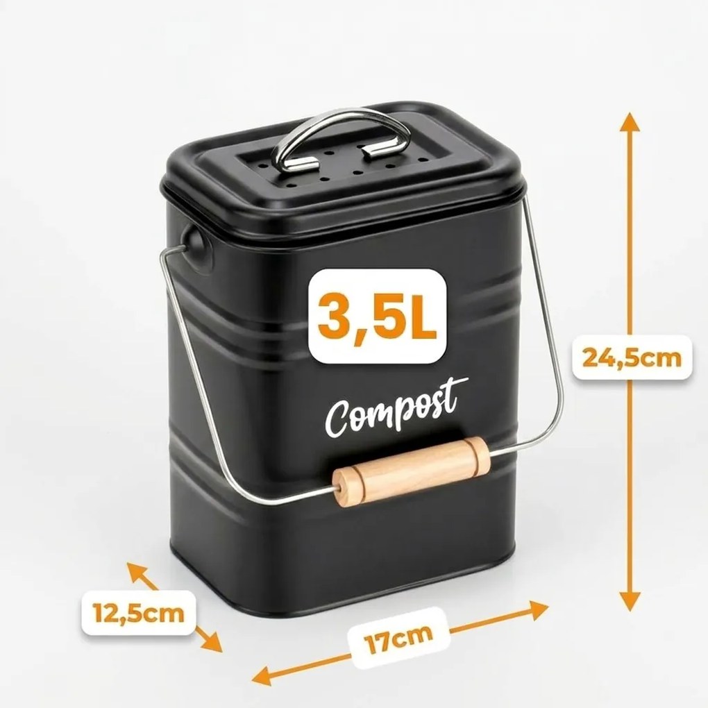 VILDE Kuchyňský kompostér s uhlíkovým filtrem, na bio odpad, kovový, černý, 3,5 l