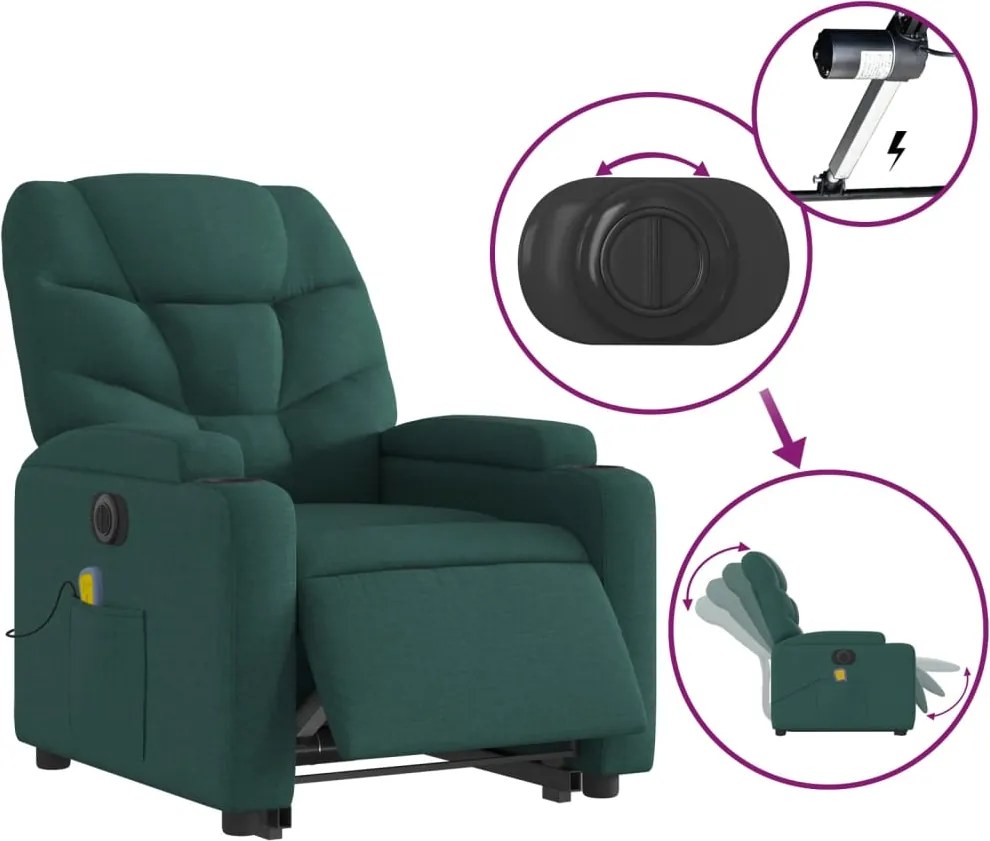 Elektrické zvedací masážní polohovací křeslo zelené textil 3204638