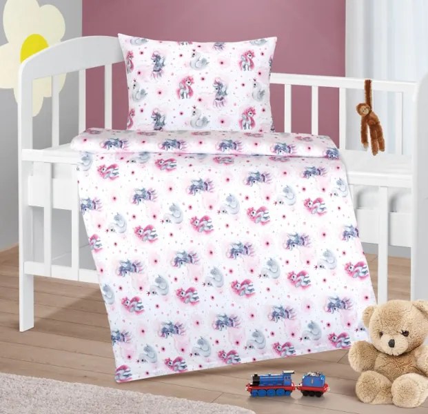 Bellatex Dětské povlečení bavlna Agáta 90x135, 45x60 cm Jednorožec růžová