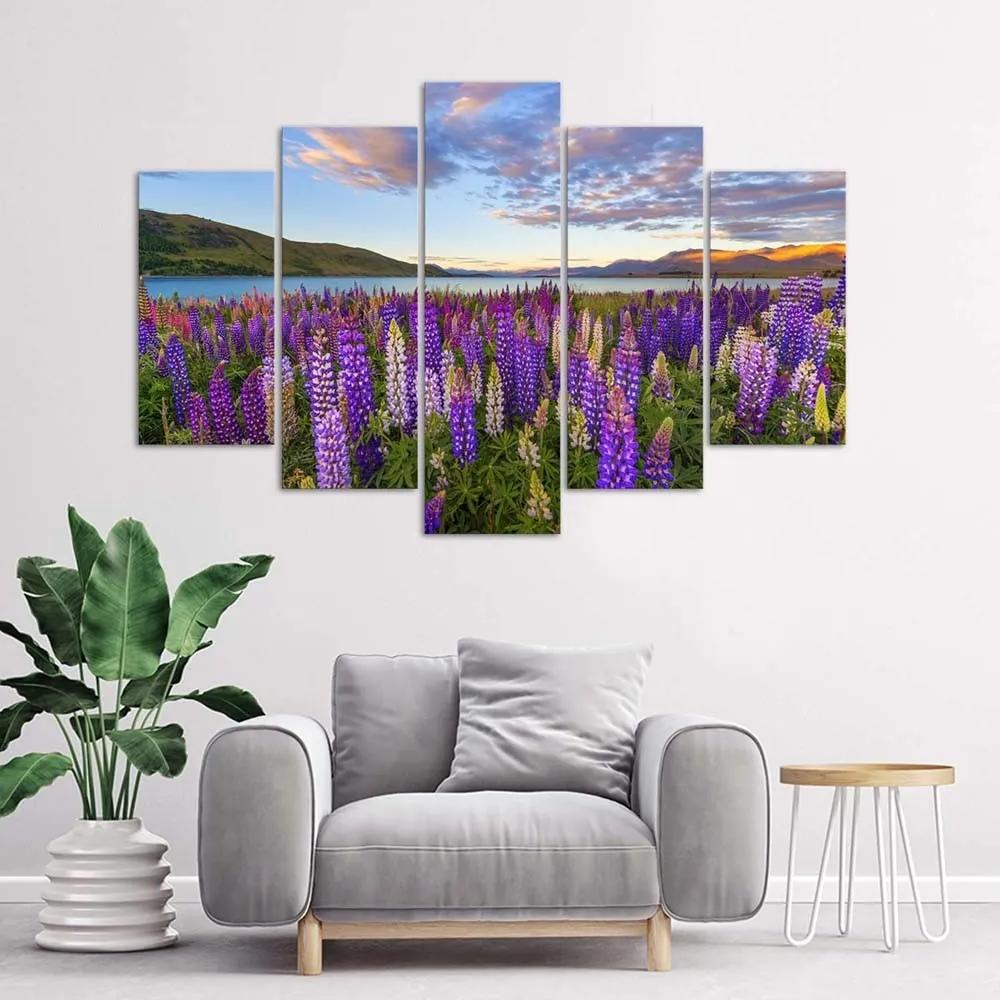 Obraz na plátně pětidílný Levandulové jezero Květiny - 200x100 cm
