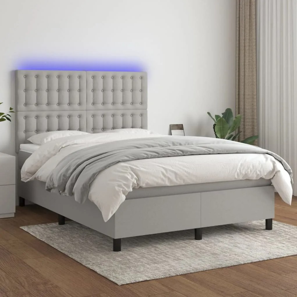 Box spring postel s matrací a LED světle šedá 140x200 cm textil