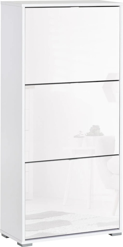 HOMCOM Skříň na boty s 3 výklopnými dvířky a 3 přihrádkami, dřevo 60L x 26Š x 124V cm, vysoce lesklá bílá
