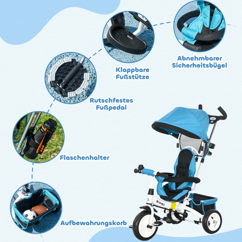 HOMCOM 6v1 Tříkolka s Plochým Řídítkem, Dětská Tříkolka s Odnímatelnou Slunečníků, Balance Bike s 5-bodovým Bezpečnostním Pásem, Košíkem, Držákem na …