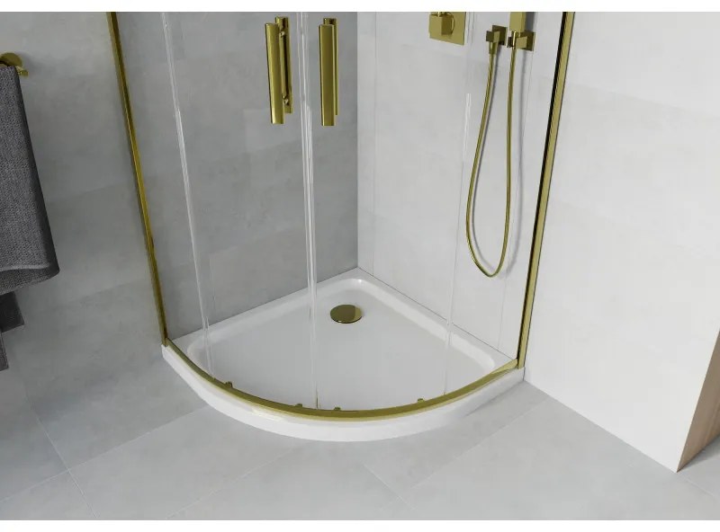 Mexen Rio, čtvrtkruhový sprchový kout s posuvnými dveřmi 80 (dveře) x 80 (dveře) x 190 cm, 5mm čiré sklo, zlatý profil + bílá sprchová vanička SLIM, 863-080-080-50-00-4110G