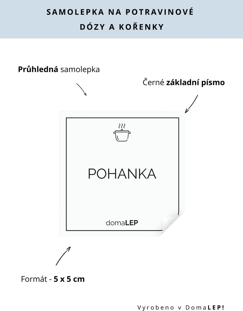 POHANKA – průhledná samolepka na dózu, základní písmo, 5 × 5 cm