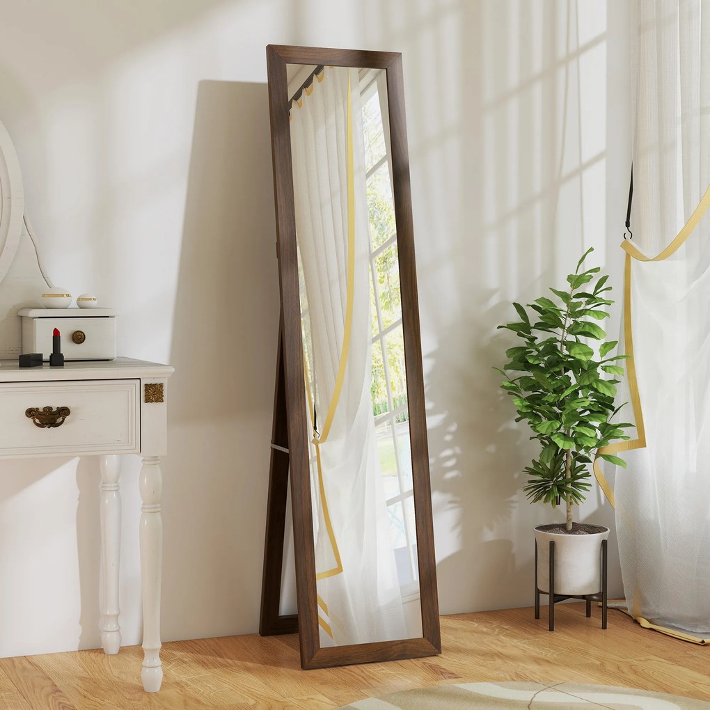 HOMCOM Plné tělo zrcadlo 157x37 cm s MDF rámem, stojící s nakloněním nebo závěsné, ořech