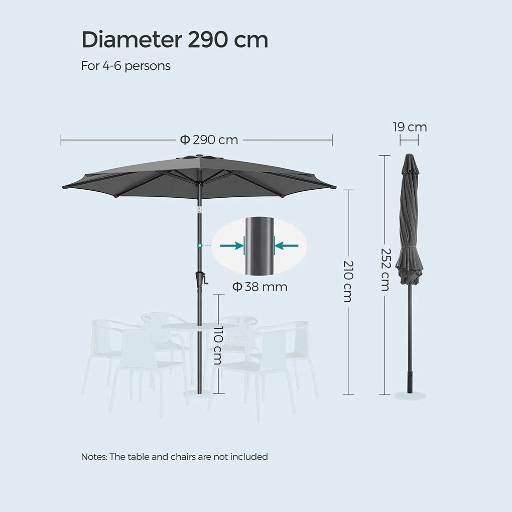 Zahradní slunečník, venkovní slunečník sklopný o 30°, šedý