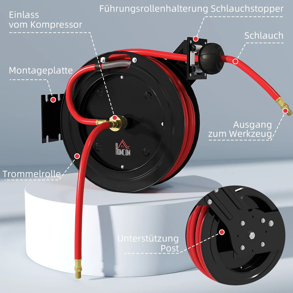 Nástěnný naviják na zahradní hadici, automatické zatahování, tlak vody 20 barů, 15+1 m hadice na vodu, kovový