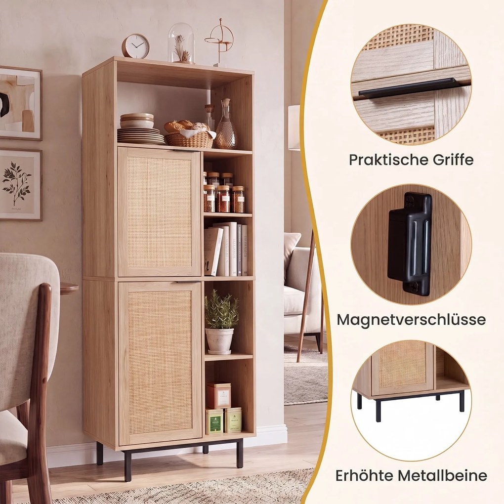 Costway Vysoká kuchyňská skříňka s ratanovými dvířky, přírodní