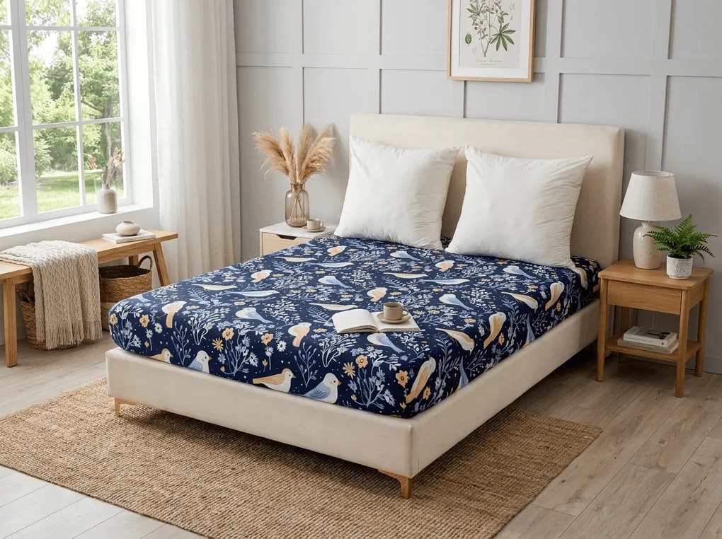 Prostěradlo z mikrovlákna DENIM BIRDS modré 90x200 cm