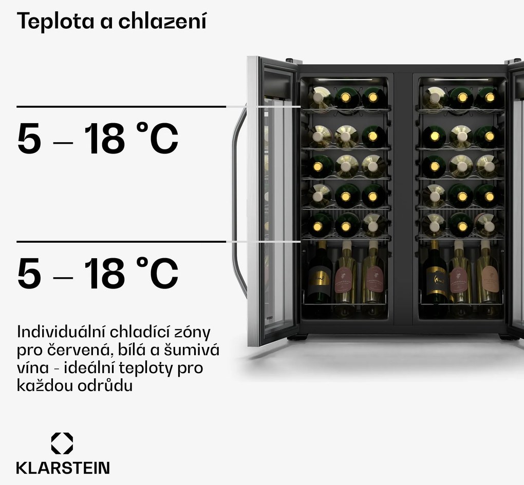 Klarstein Vinamour vinotéka, 2 chladící zóny, 7 polic, dotykové ovládání, UV-ochrana