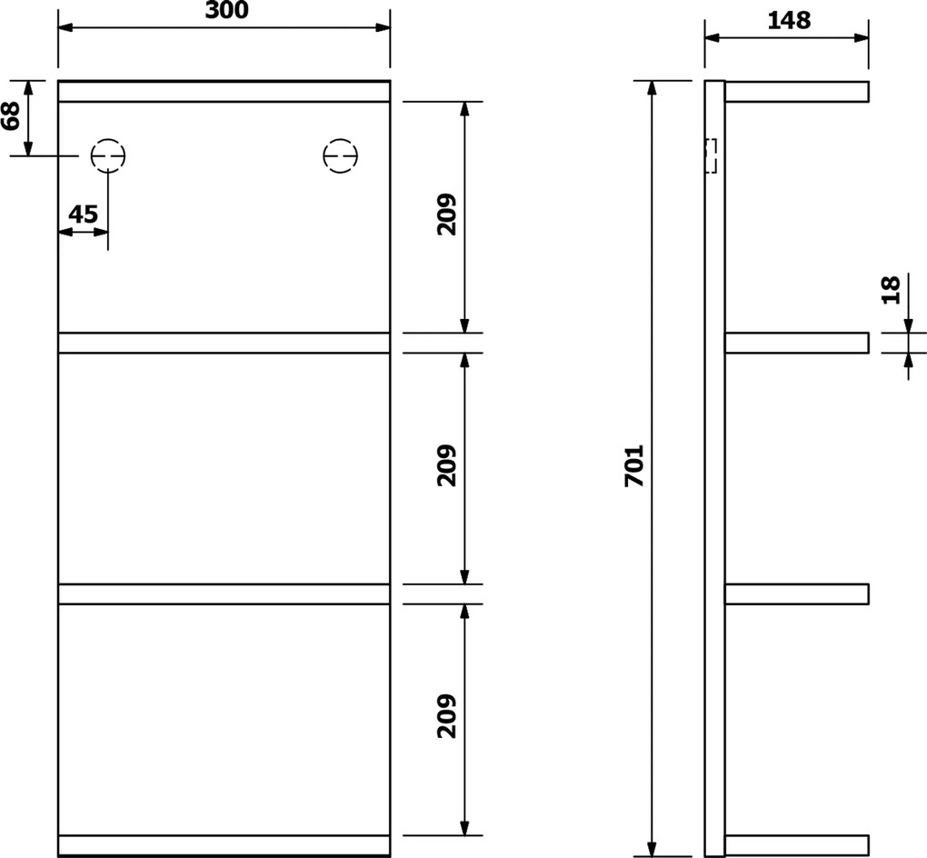 Sapho, RIWA otevřená police 30x70x15cm, bílá lesk, RIW300-0030