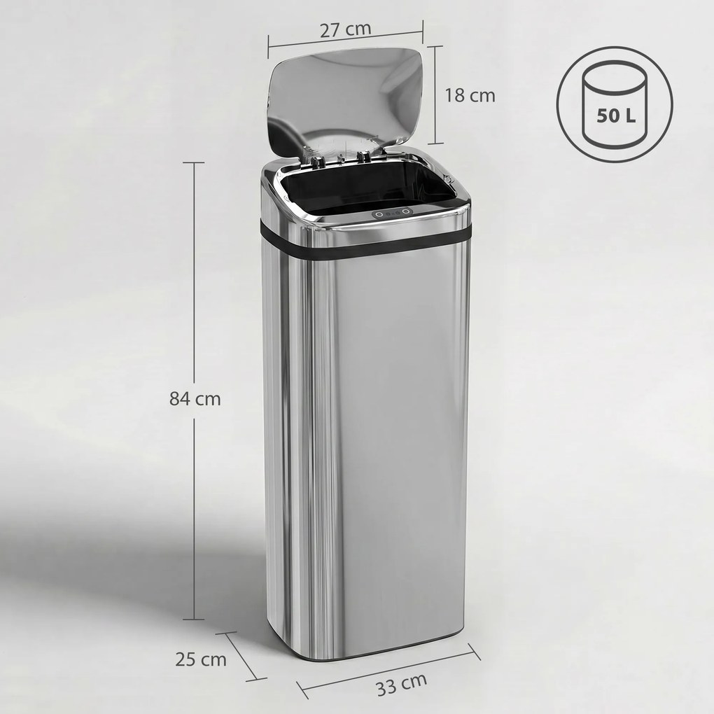HOMCOM Automatický odpadkový koš se senzorem Odpadkový koš kuchyňský nerez 50/68L Stříbrná (50L) | Aosom