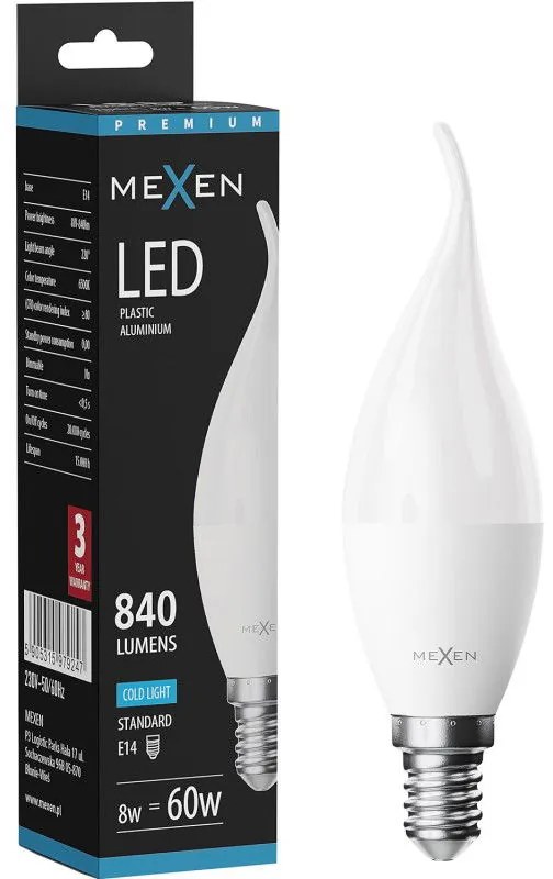 Mexen Nova LED žárovka plamínek E14, C37, 8W, Studená - 6500K, 840 lm - L106-E14-0865-01