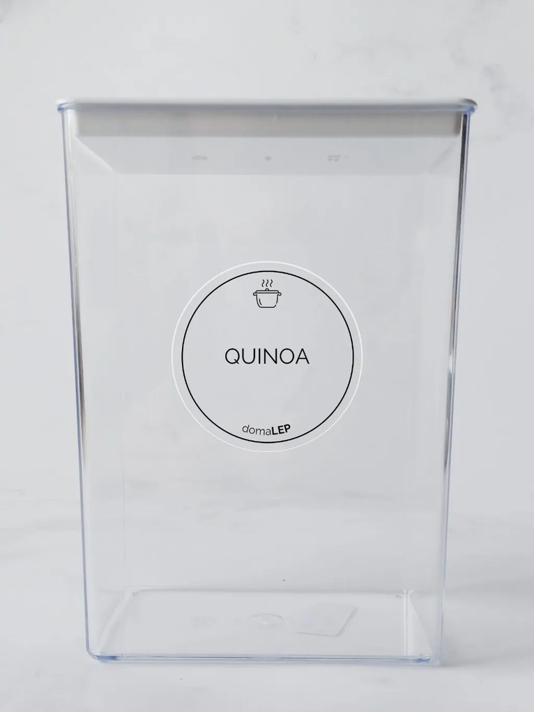 QUINOA – průhledná samolepka na dózu, základní písmo, 5 cm | DomaLEP