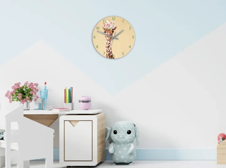 M.Clock Dětské nástěnné hodiny žirafa 30x30cm hnědé
