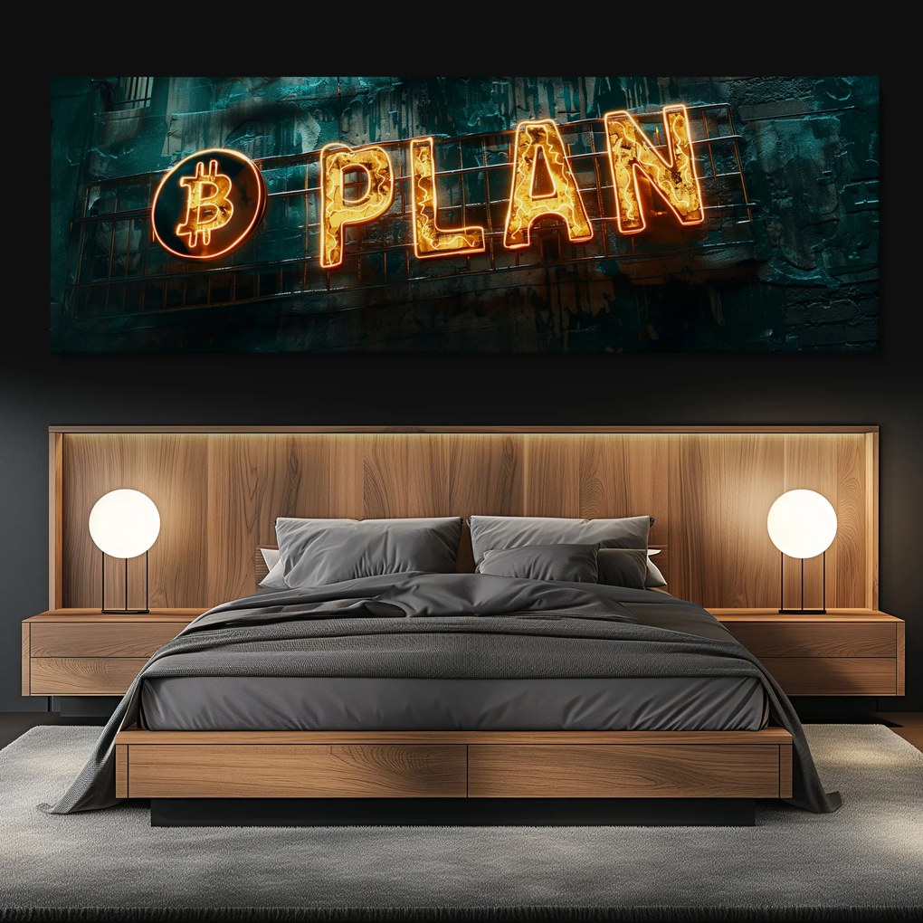 Obraz na plátně - Bitcoin B Plan Neon Sign FeelHappy.cz Velikost obrazu: 60 x 20 cm