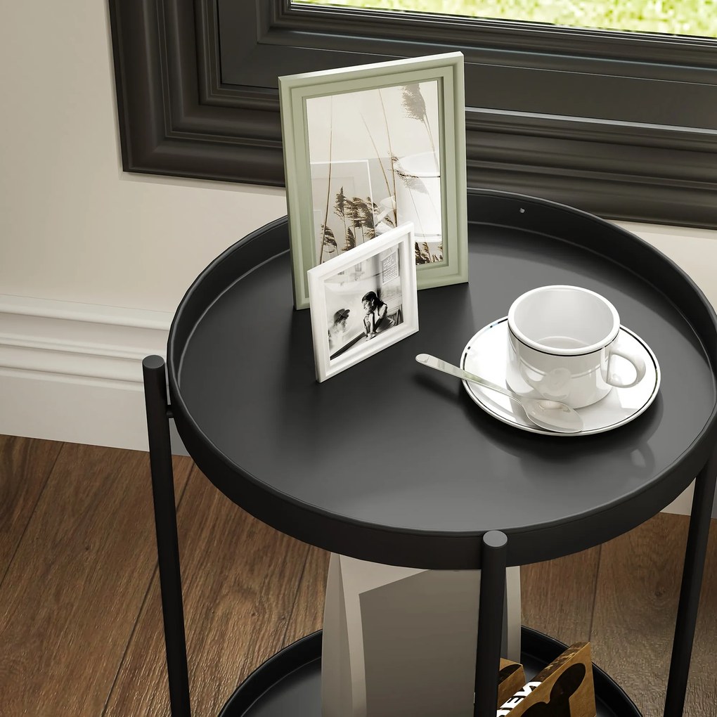 HOMCOM Odkládací stolek, konferenční stolek se 2 policemi, kulatý konferenční stolek, do obývacího pokoje, ložnice, 44 x 56 cm, ocel, černý