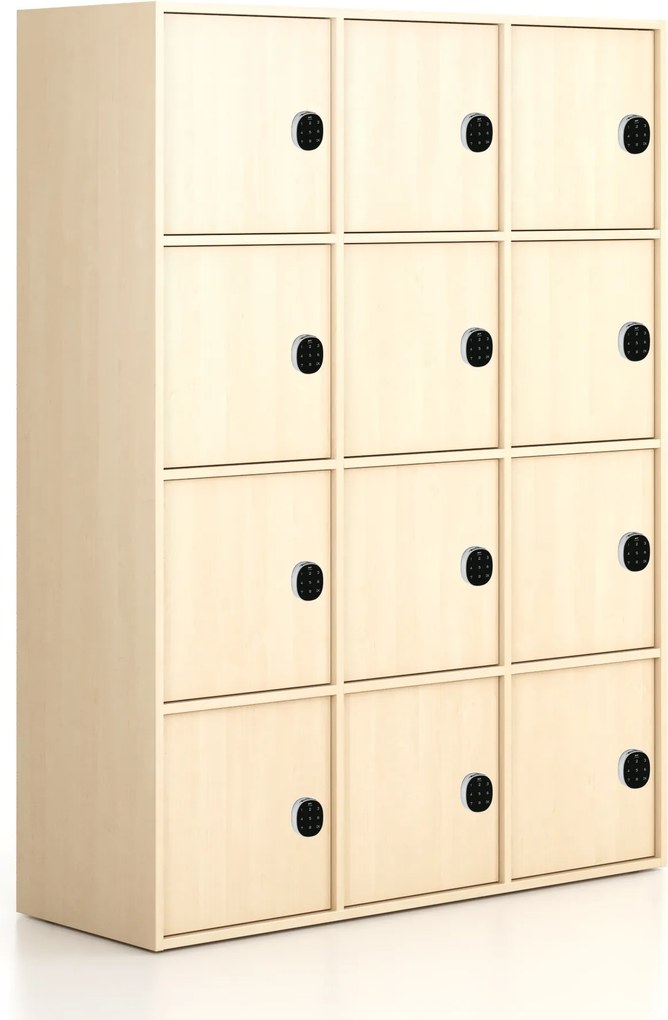 Kancelářská skříň FRAME, 12x dveře, 1299 x 450 x 1735 mm, kódový zámek, bříza
