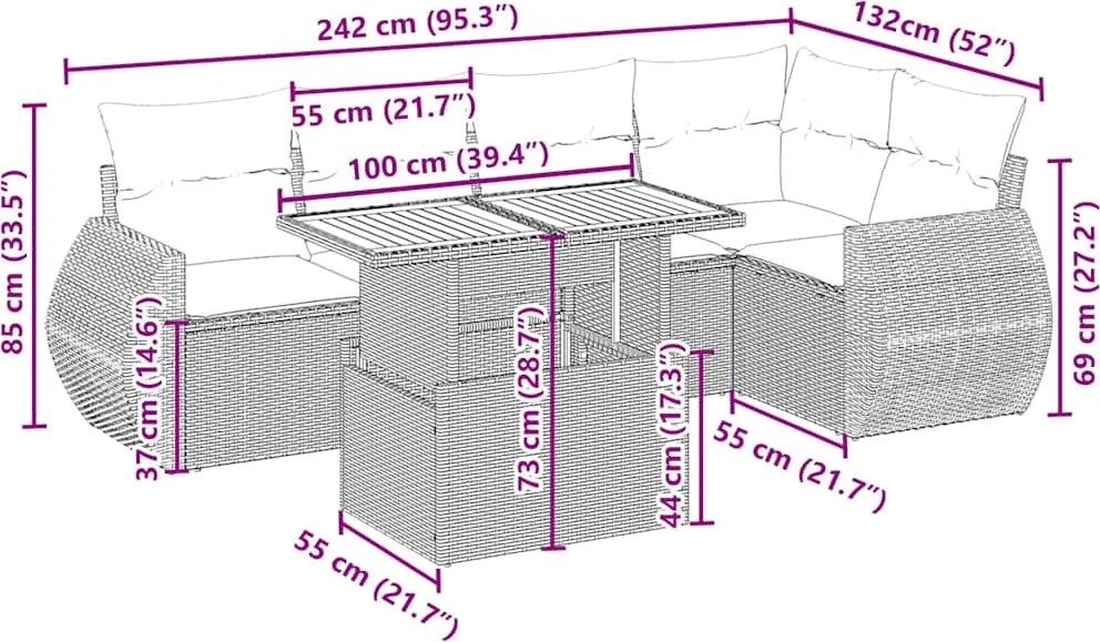 6dílná zahradní sedací souprava s poduškami béžová polyratan 3272185