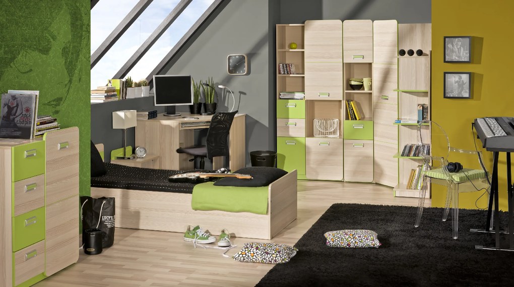 Trendy dětský pokoj LORENTO sestava 7 Matrace 195x80x12: bez matrace +0Kč, Barevné provedení Lorento: Jasan Coimbra / Zelená