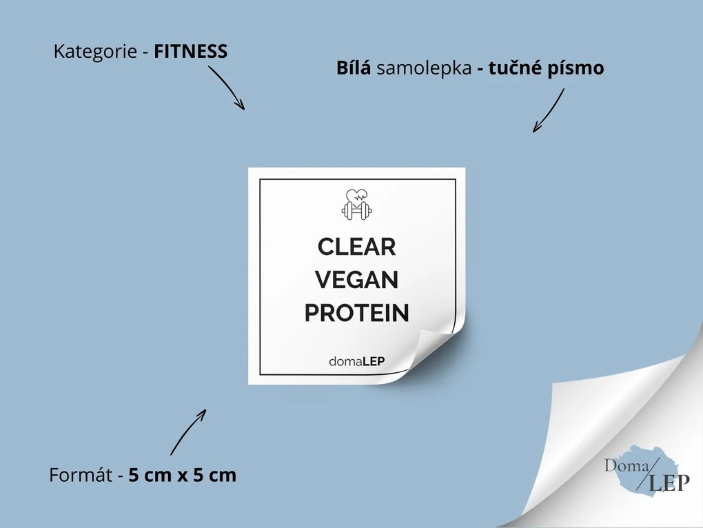 CLEAR VEGAN PROTEIN - Samolepka na dózu pro fitness doplňky - DomaLEP tvar: ČTVEREC, barva: BÍLÁ - ČERNÉ písmo, velikost: š. 5 cm x v. 5 cm - tučné písmo