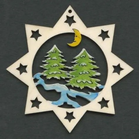 AMADEA Dřevěná ozdoba barevná hvězda se stromy 9 cm