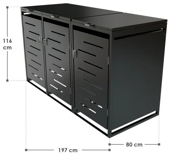 Kovový přístřešek pro 3 popelnice, antracit, 197×116×80 cm