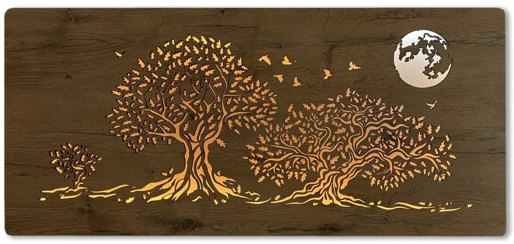 Li-Go "Tři duby a měsíc" světelný obraz s baterií 110x50cm varianta ovládání: ovládání na obraze včetně dálkového ovladače, provedení povrchu: ořech