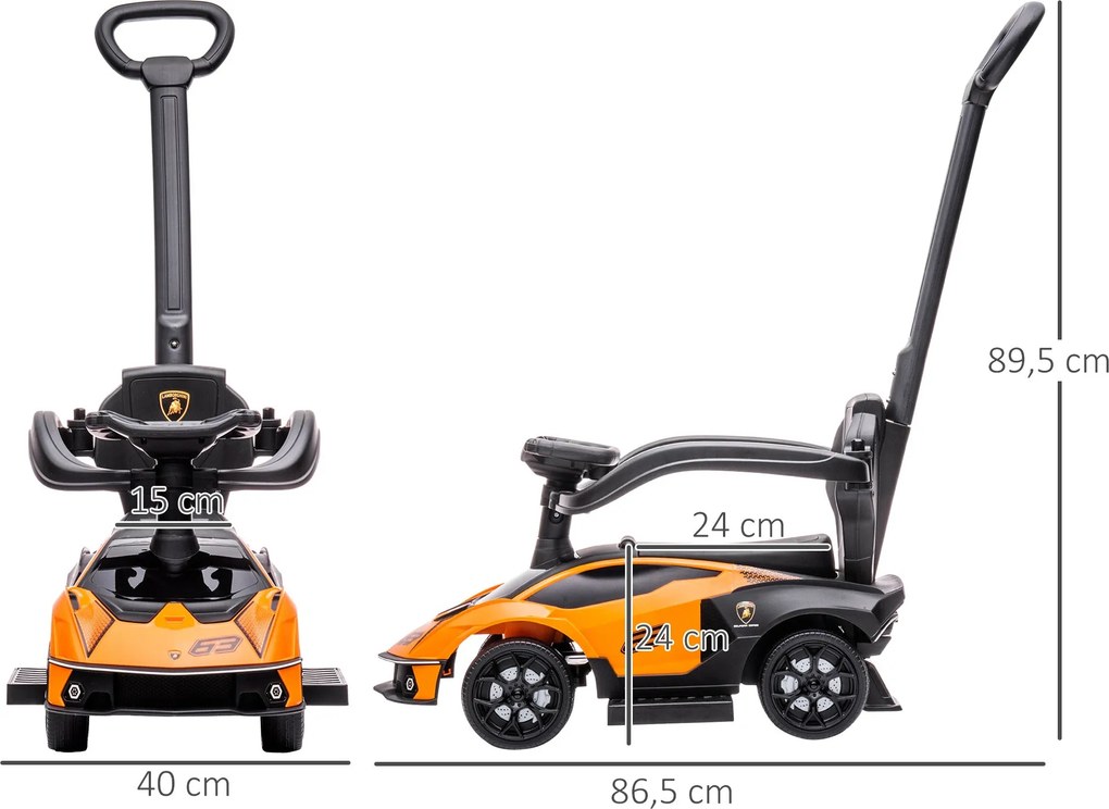 AIYAPLAY 2-v-1 Lamborghini Essenza SCV12 Dětské Odpojovací Auto 12-36 Měsíců S Tlačítkem A Odnímatelnou Rukojetí 86.5x40x89.5 cm Oranžové a Černé