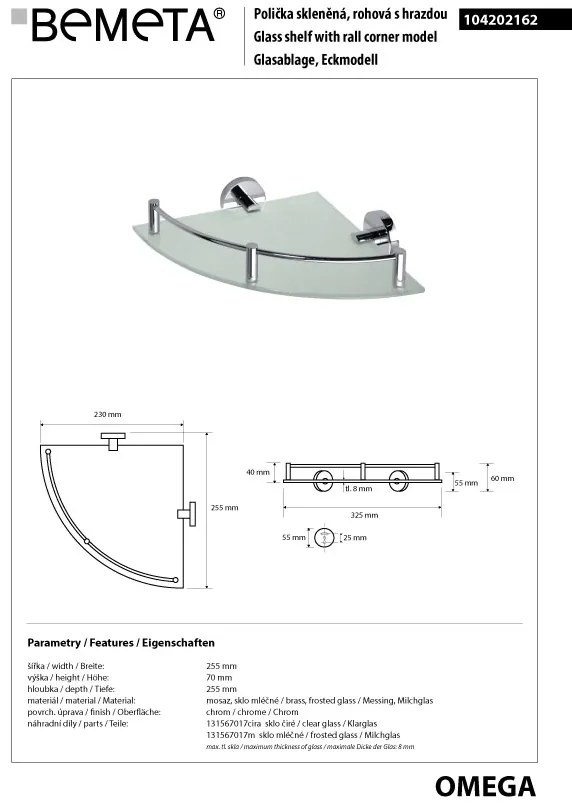 Bemeta Design OMEGA: Polička, rohová, s hrazdou, sklo - 104202162