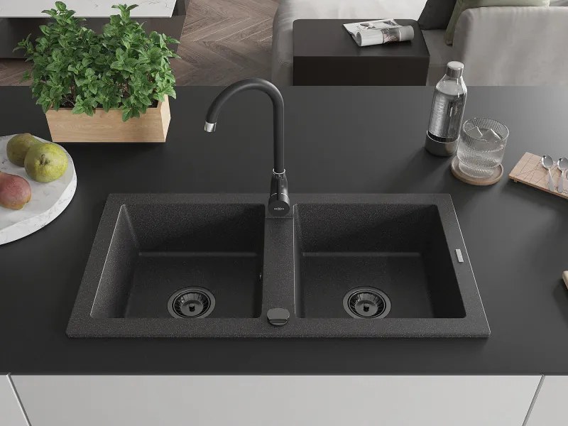 Mexen Mario, granitový dřez 820x436x161 mm, 2-komorový, černá-skvrny s černým sifonem, 6504822000-76-B