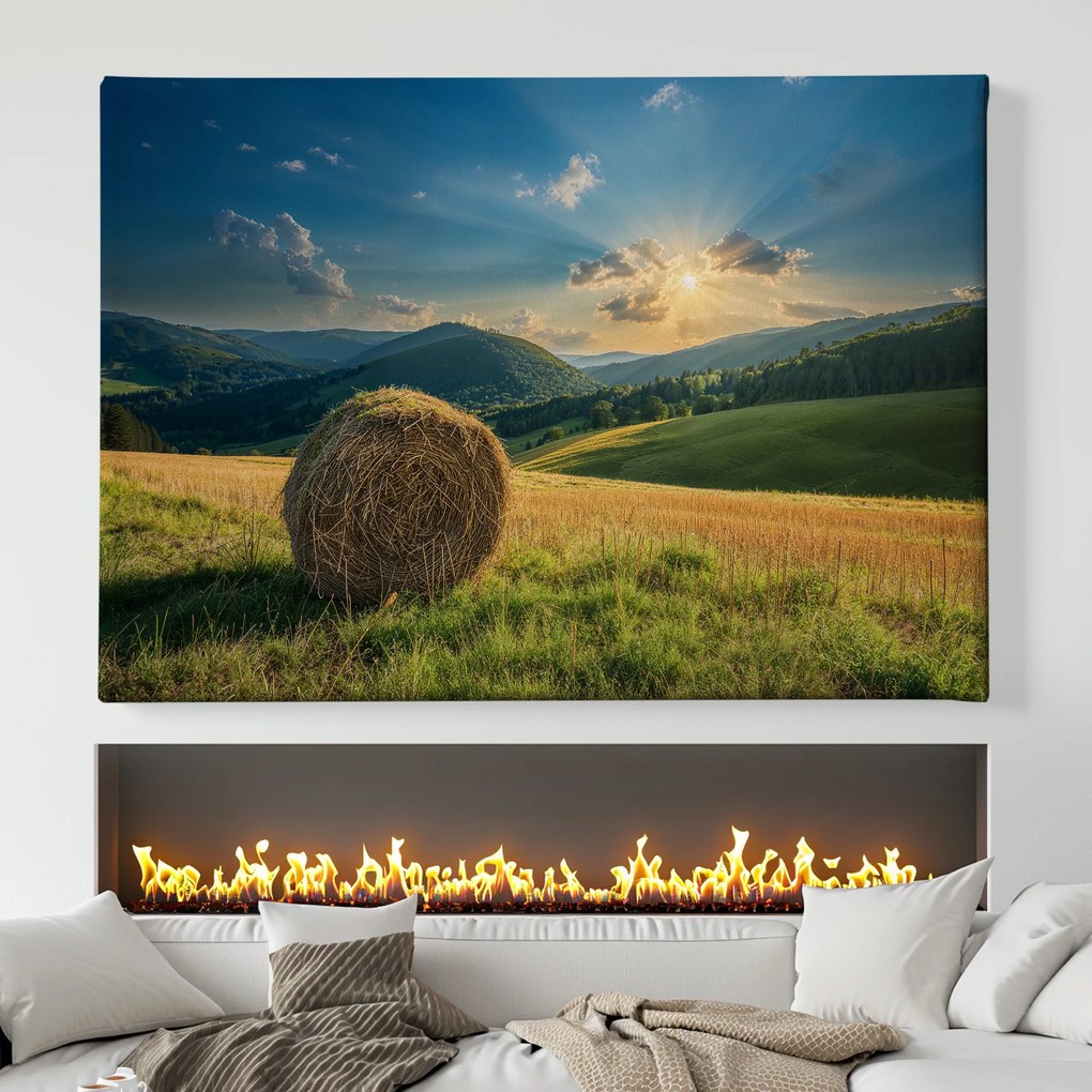Obraz na plátně - Zapomenutý balík sena u pole FeelHappy.cz Velikost obrazu (šířka x výška): 150 x 100 cm