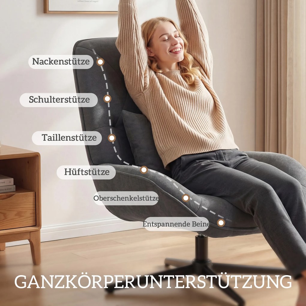 HOMCOM otočné křeslo s bederním polštářem, žinylkový potah, vysoké opěradlo, ocelové nohy — tmavě šedé