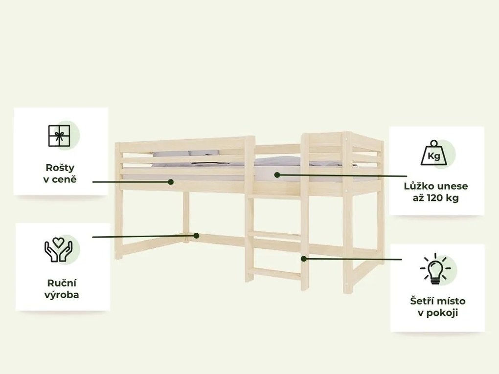 Benlemi Nízká vyvýšená postel TULY s žebříkem 90x200 cm Zvolte barvu: Bílá, Zvolte stranu: Vlevo, Zvolte variantu: Se závěsem