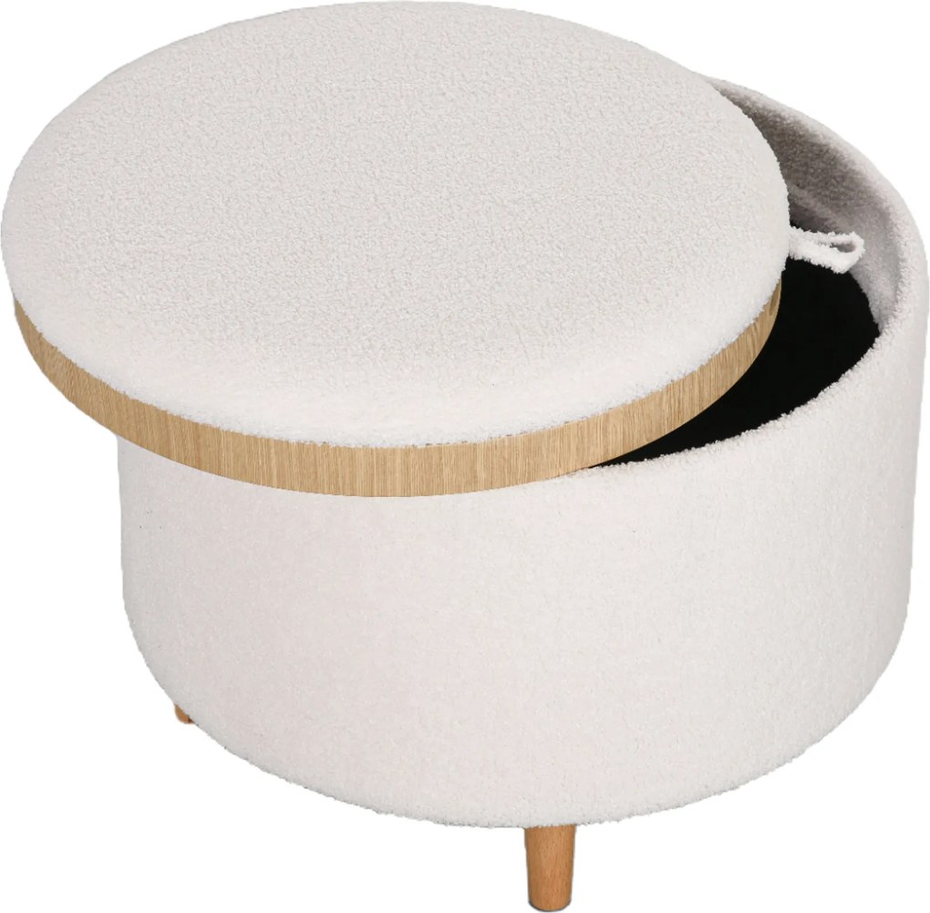 HOMCOM taburet Ø56 x 42 cm, kulatý čalouněný taburet s úložným prostorem a odklápěcím víkem, dřevěné nohy, ideální do obývacího pokoje a ložnice, bíl…