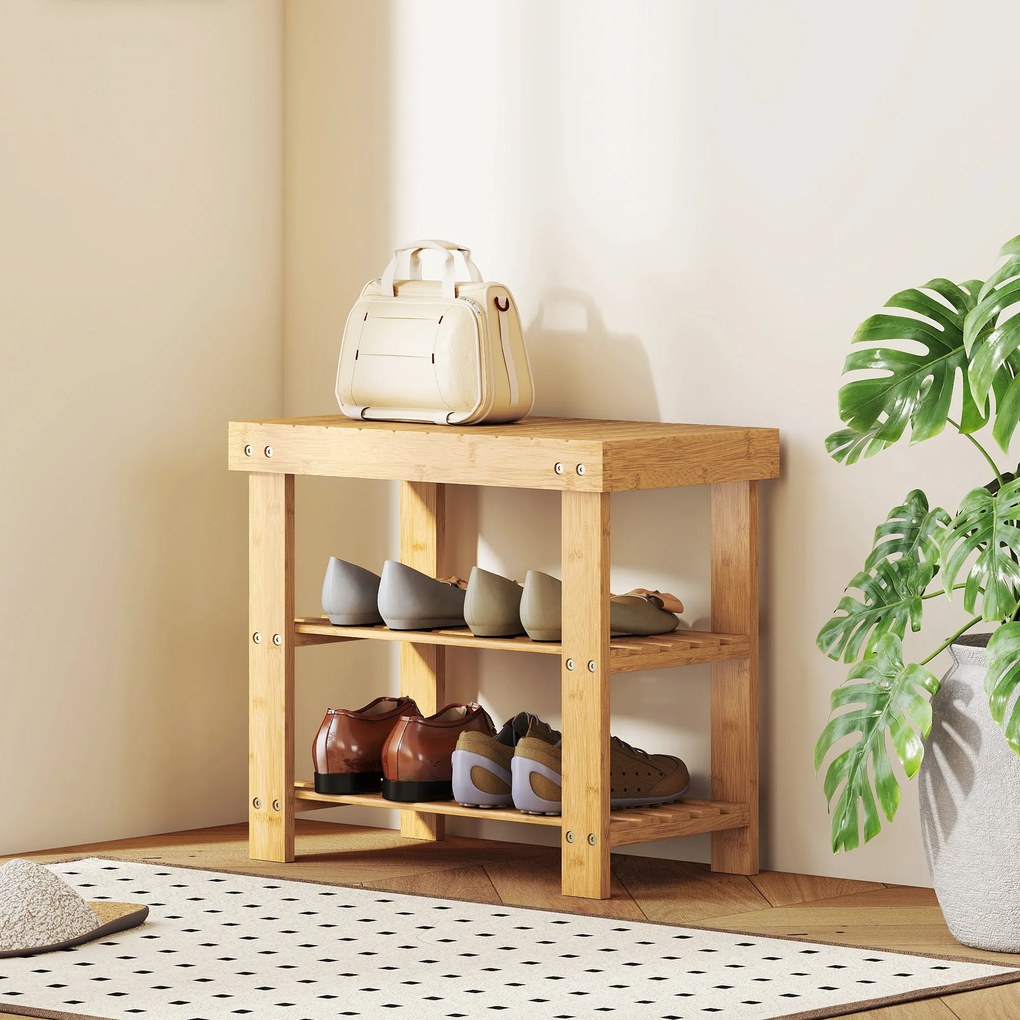 HOMCOM Bambusová botníková lavice s místem k sezení, 3-vrstvá botníková organizace pro 4 páry obuvi, rozměry 50x28x45 cm