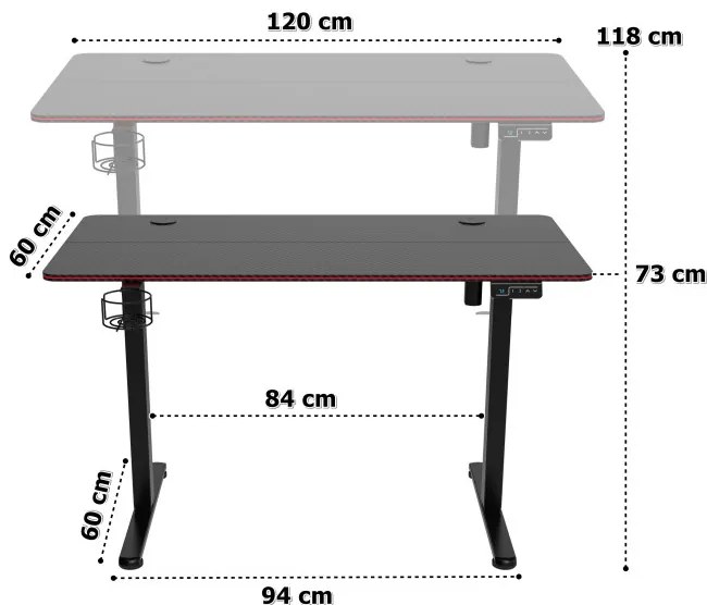 Herní stůl s LED osvětlením SHADOW GAMER 2.0 elektrický, černý