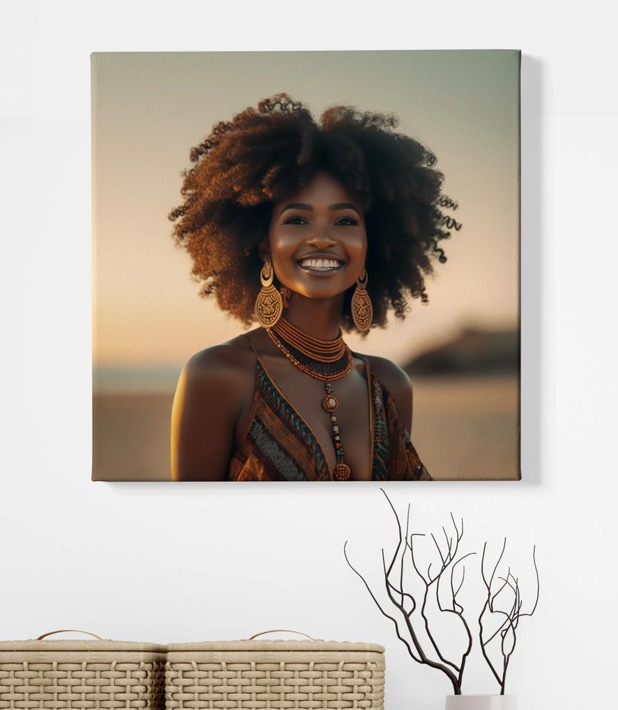 Obraz na plátně - Africká žena Chipo s afrem na pláži FeelHappy.cz Velikost obrazu: 100 x 100 cm