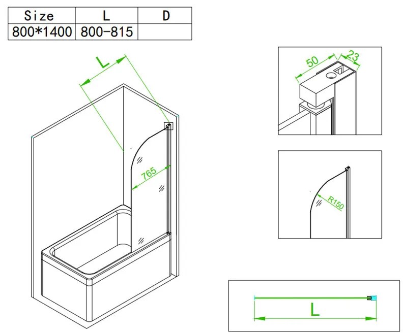 BPS-koupelny Jednodílná vanová zástěna HYD-PR01 80x140 zlatá/transparent